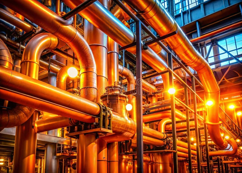 Intricate Network of Orange Industrial Pipes at a Chemical Processing ...