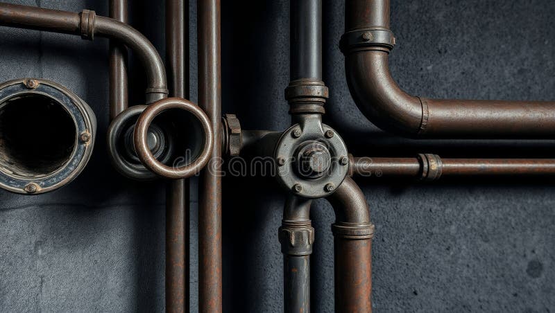 Complex Industrial Piping System with Valves and Connections on Dark ...