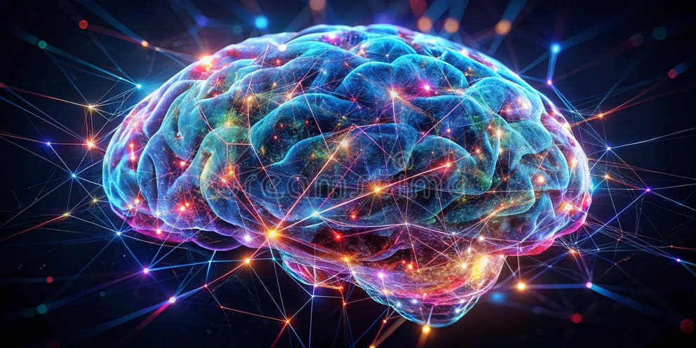 Intricate Neural Network Glowing Neon Brain Design on a Dark Background ...