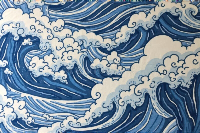 Intricate Ocean Waves Stylized Clouds Blue White Design Stock Photos - Free & Royalty-Free Stock ...