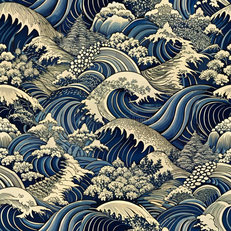 Intricate Ocean Waves and Trees Seamless Pattern with Japanese ...