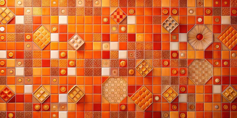 Intricate Orange and Beige Tile Mosaic Wall Art Featuring Geometric Shapes and Patterns ...