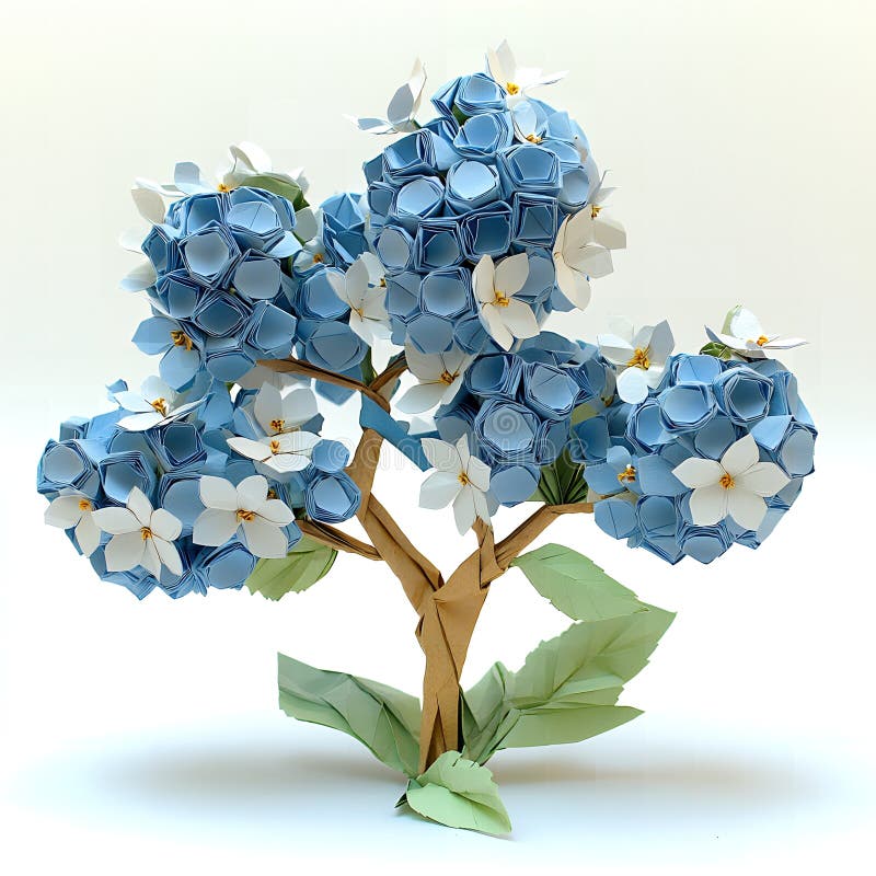 Intricate Origami Hydrangea Tree Blue Paper Flowers and Brown Stem ...