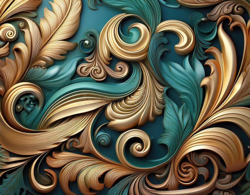 Intricate Ornate Scroll Design with Swirling Patterns in Deep Teal and ...