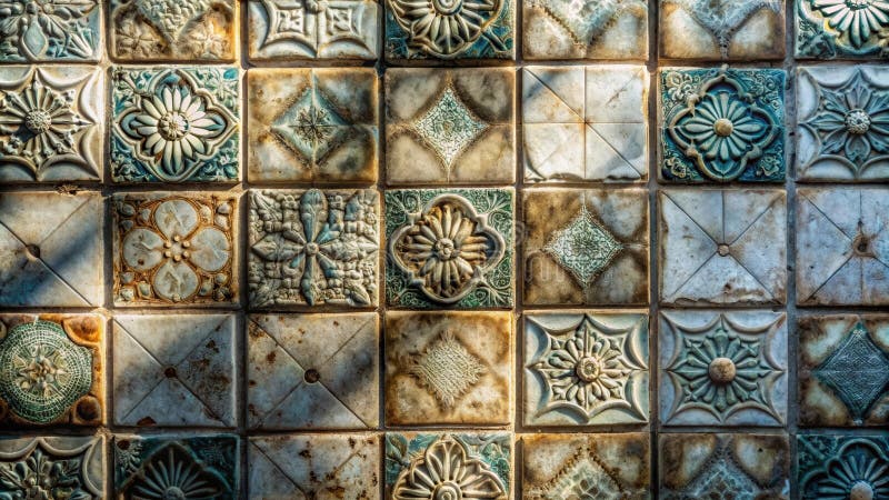 Intricate Ornate Tilework Wall Decor Featuring Aged Ceramic Squares ...
