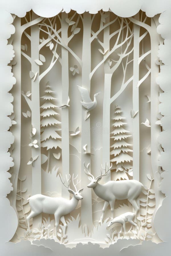 Intricate Paper Forest with Detailed Trees and Animals in Layers Stock ...