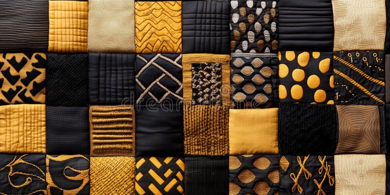 Intricate Patchwork Quilt Composed of Squares in Black and Gold Shades ...