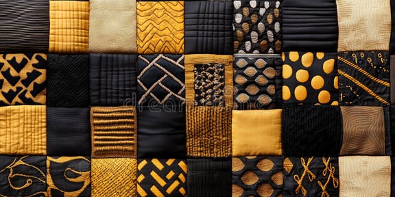 Intricate Patchwork Quilt Composed of Squares in Black and Gold Shades ...