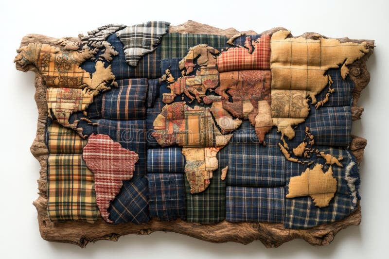 World Map Patchwork Textile Displayed on Natural Wood, Showcasing ...