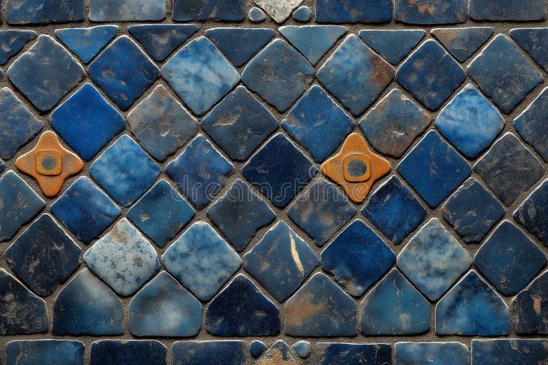 Intricate Pattern of Blue and Orange Tiles on a Rustic Floor Capturing ...
