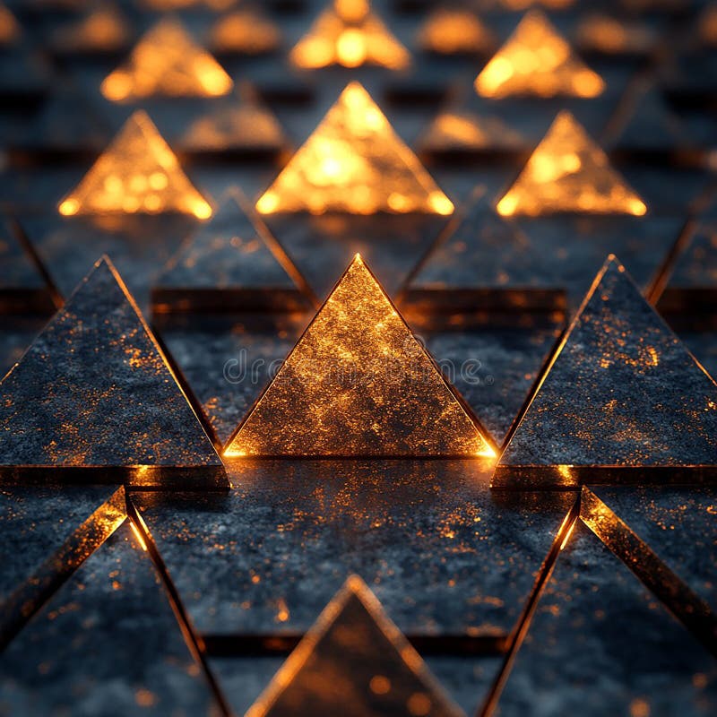 Intricate Pattern of Glowing Golden Pyramids on a Dark Texture Surface ...