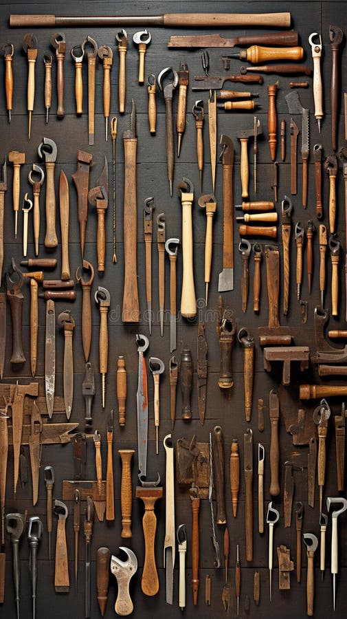 Intricate Patterns of Traditional Craftsmens Tools on Rustic Workbench ...