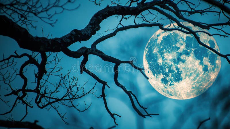 Intricate Patterns of Tree Branches Silhouetted Against a Full Moon in ...