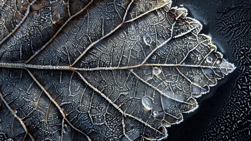 Intricate Patterns of White Ice Etched Onto a Glossy Dark Leaf Surface ...
