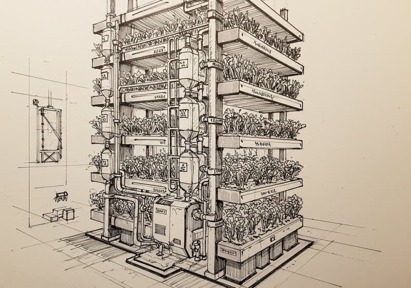Intricate Pen Drawing of a Vertical Farming System, Featuring Multiple ...