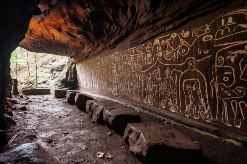 Intricate Petroglyphs on a Cave Wall Stock Illustration - Illustration ...