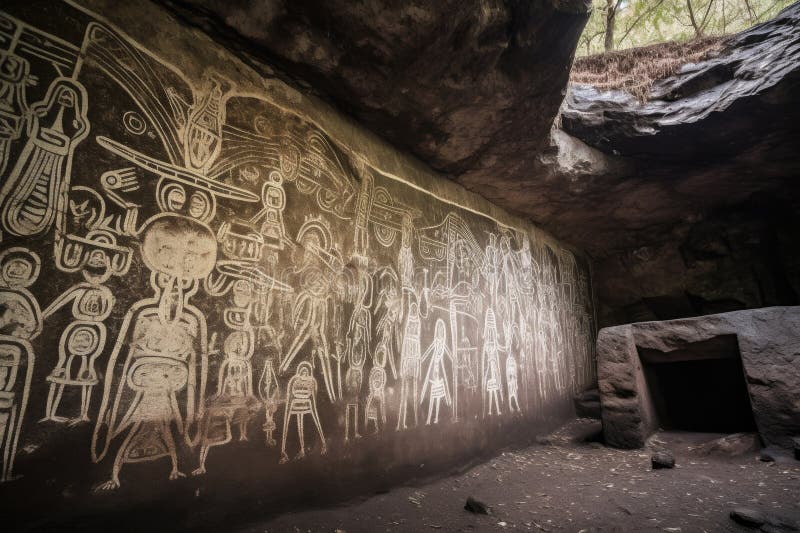 Intricate Petroglyphs on a Cave Wall Stock Illustration - Illustration ...