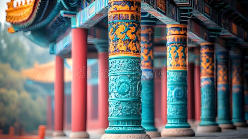 Intricate Pillars Adorned with Colorful Designs in a Traditional ...