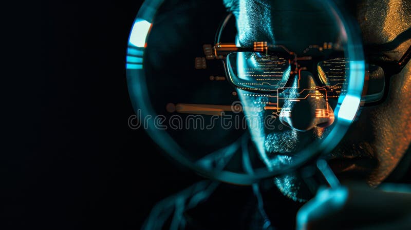 Intricate Portrait of a Hacker Under a Magnifying Glass Against a Dark ...