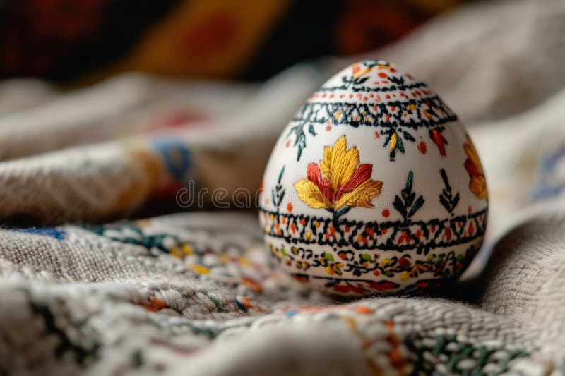 Intricate Pysanka Egg on Patterned Fabric Celebrating Easter Tradition ...