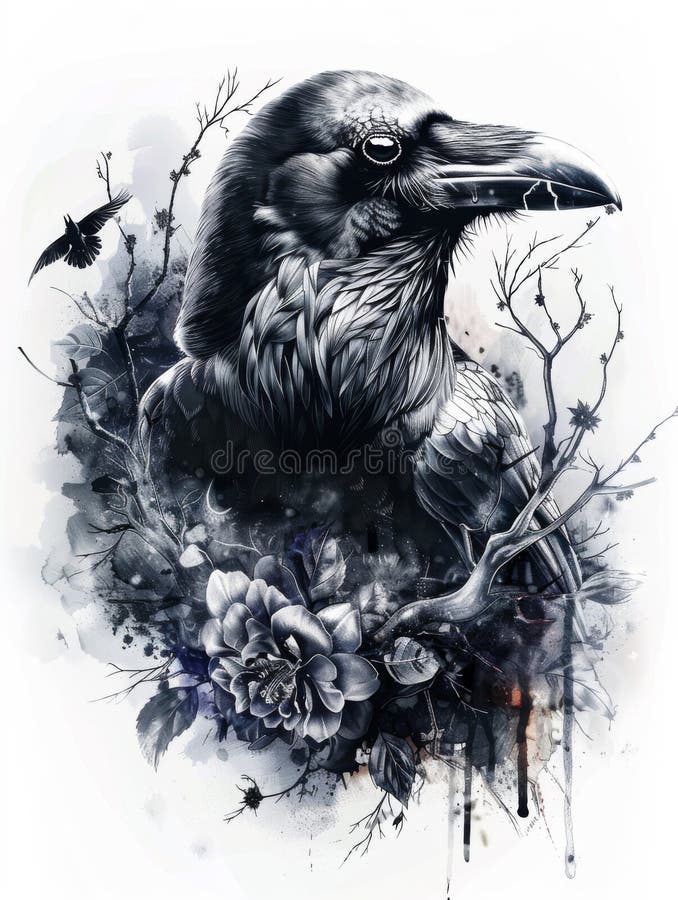 Intricate Raven Illustration with Floral and Branch Elements in ...