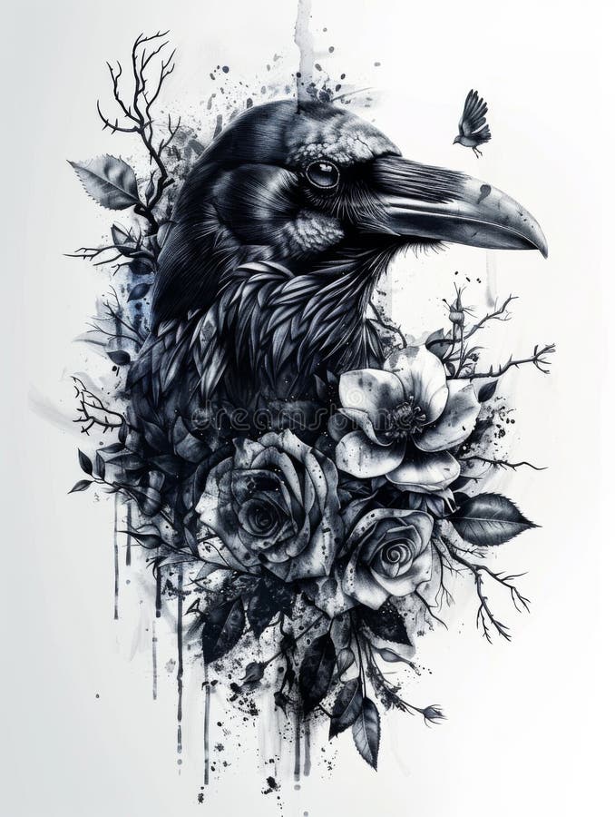 Intricate Raven Illustration with Floral and Branch Elements in ...