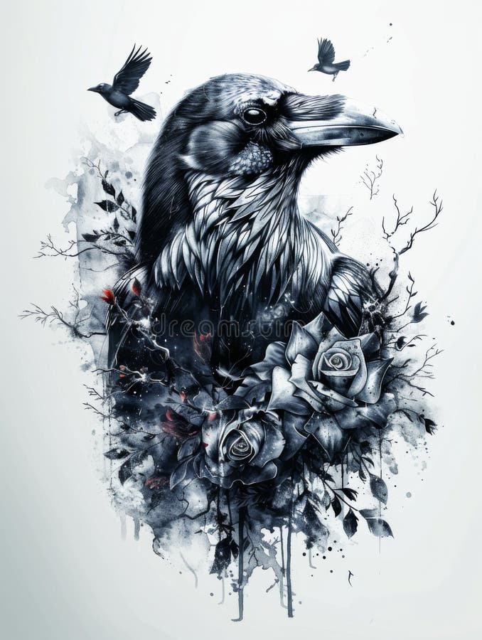 Intricate Raven Illustration with Floral and Branch Elements in ...