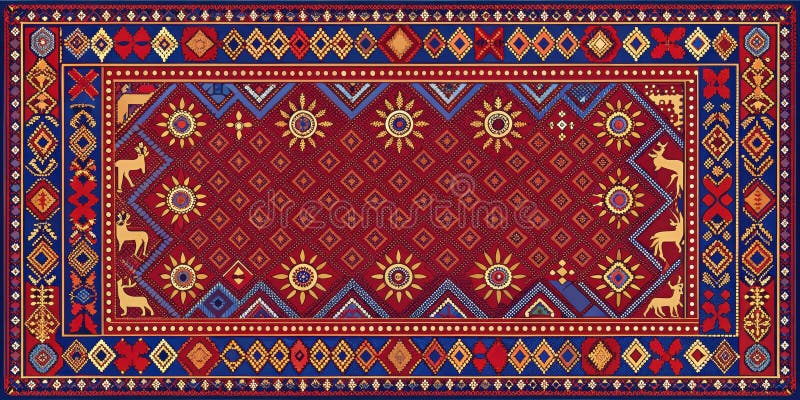 Intricate Red and Blue Textile Design Featuring Geometric Patterns and ...