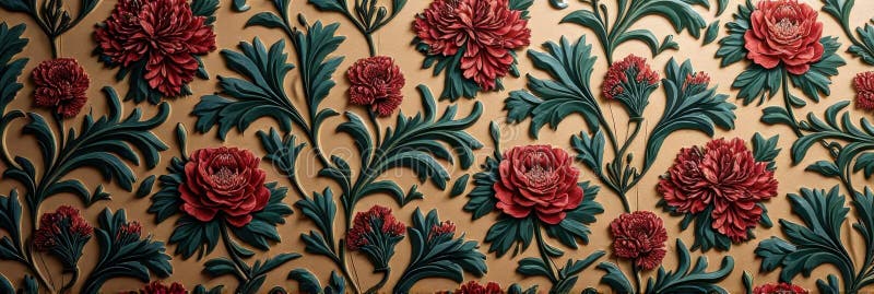 Intricate Red Floral Pattern Beige Background Green Leaves Stock Photos ...