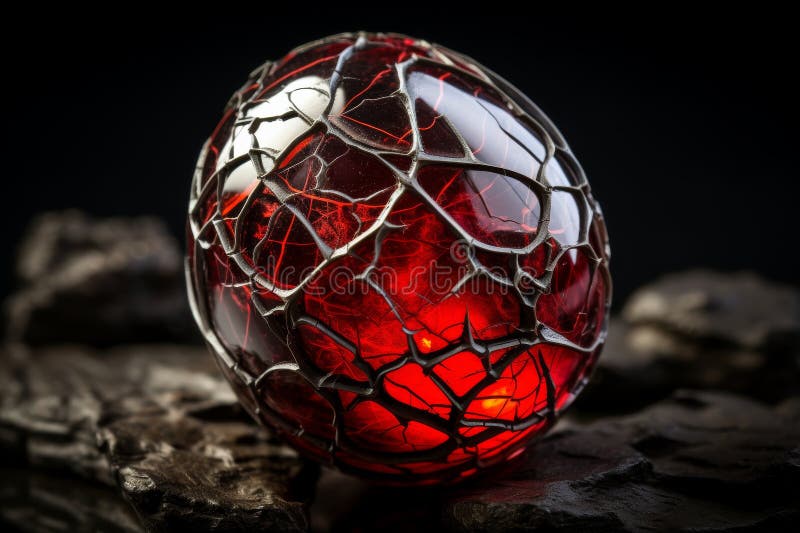 Intricate Red Glass Egg Resting on Dark Rocks with Delicate Patterns of ...