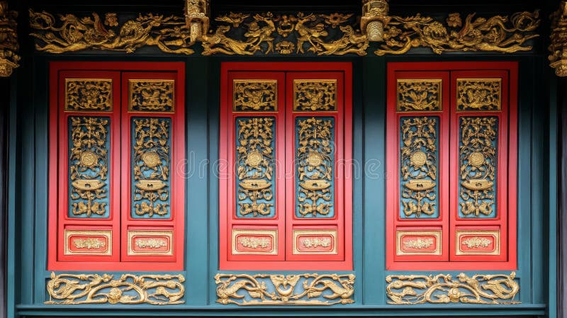 Intricate Red and Gold Chinese Temple Windows Stock Illustration ...