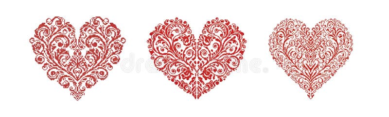 Intricate Red Heart Patterns with Floral Designs on White Background ...