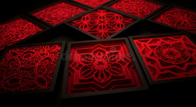 Intricate Red Mandala Art in Shadow Boxes Creates a Bold Display Stock ...