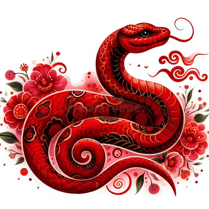 Intricate Red Snake with Floral Elements and Lantern Stock Illustration ...