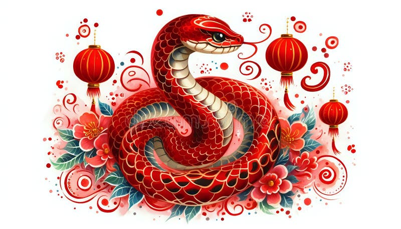 Intricate Red Snake with Floral Elements and Lantern Stock Illustration ...