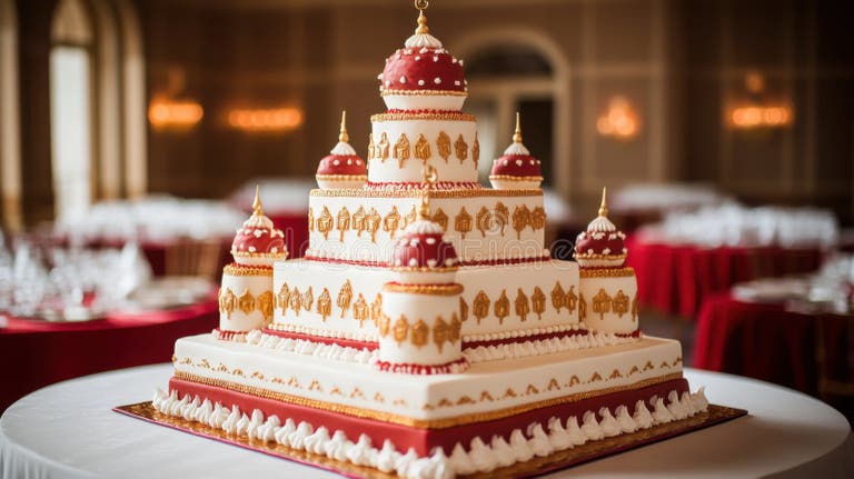 Intricate Red and White Multi Tiered Castle Wedding Cake Stock ...
