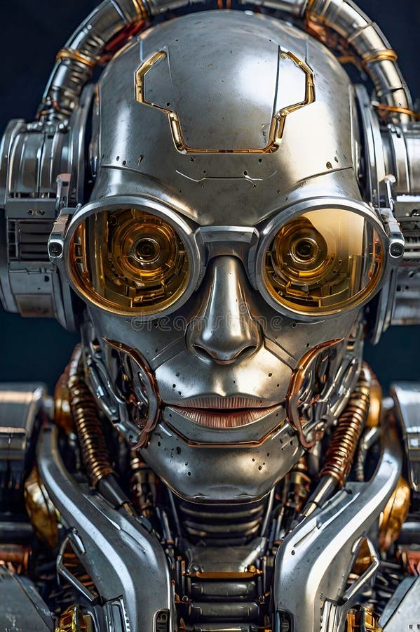 Intricate Robot Face with Golden Goggles and Metallic Details Stock ...