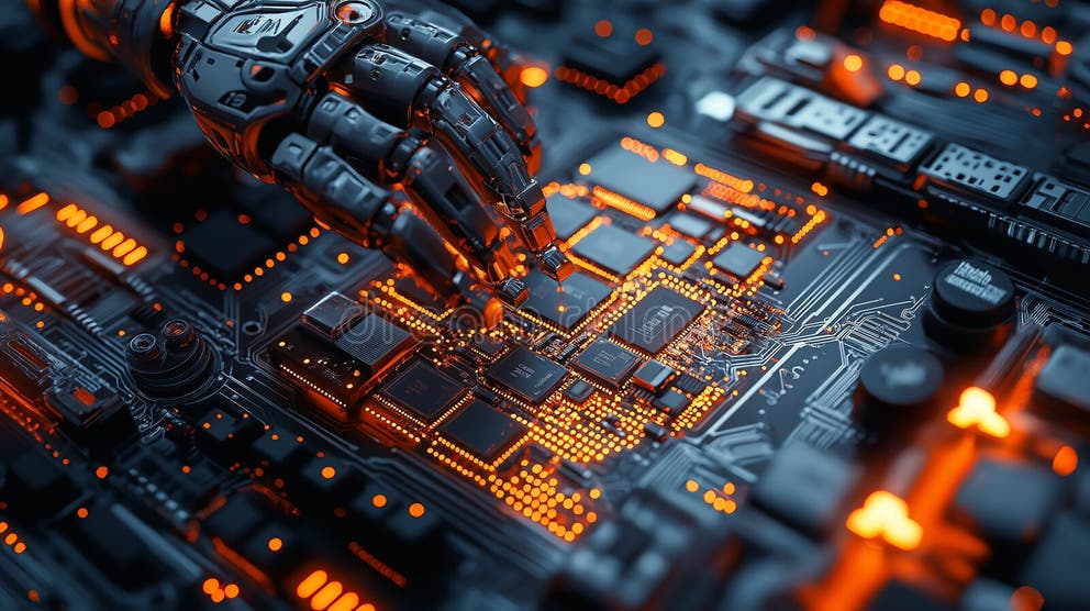 Intricate Robotic Arm Interacts with a Complex Circuit Board during a ...