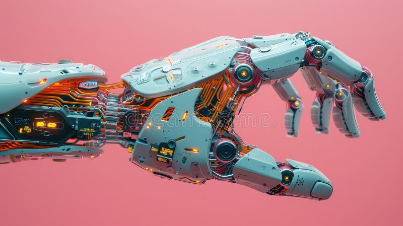 Intricate Robotic Hand: Pink Backdrop Close-Up Stock Image - Image of ...