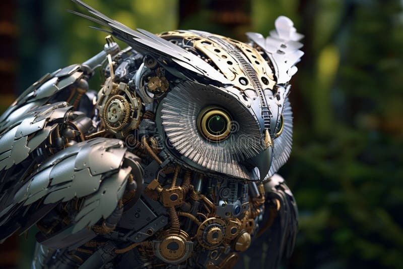 Intricate Robotic Owl in Forest (generative AI) Stock Illustration ...