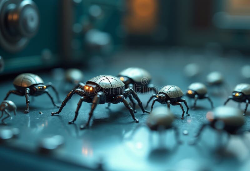 Intricate Robotic Spiders Exploring a Metallic Surface in a Dimly Lit ...