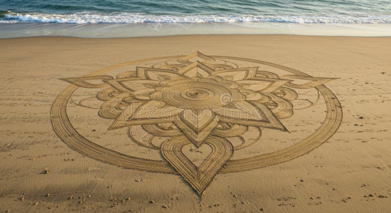 Intricate Sand Mandala Drawing on a Beach Stock Illustration ...