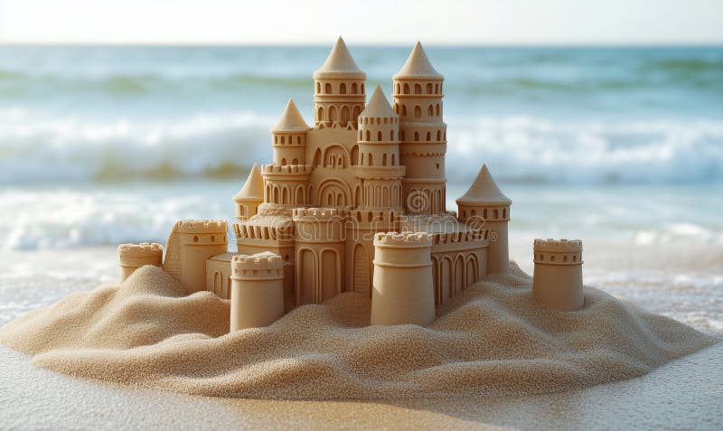 Intricate Sandcastle on Beach with Ocean Waves in Background Stock ...