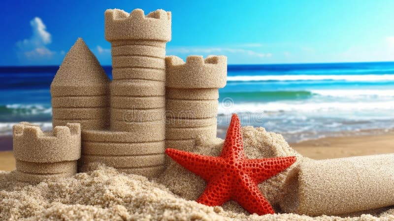 Intricate Sandcastle on a Sunny Beach with Blue Ocean and Cloudy Sky ...