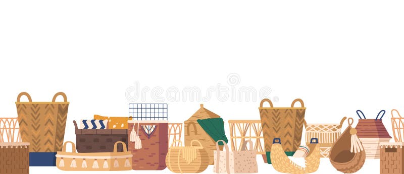 Intricate Seamless Pattern Featuring Woven Wicker Baskets. Horizontal ...