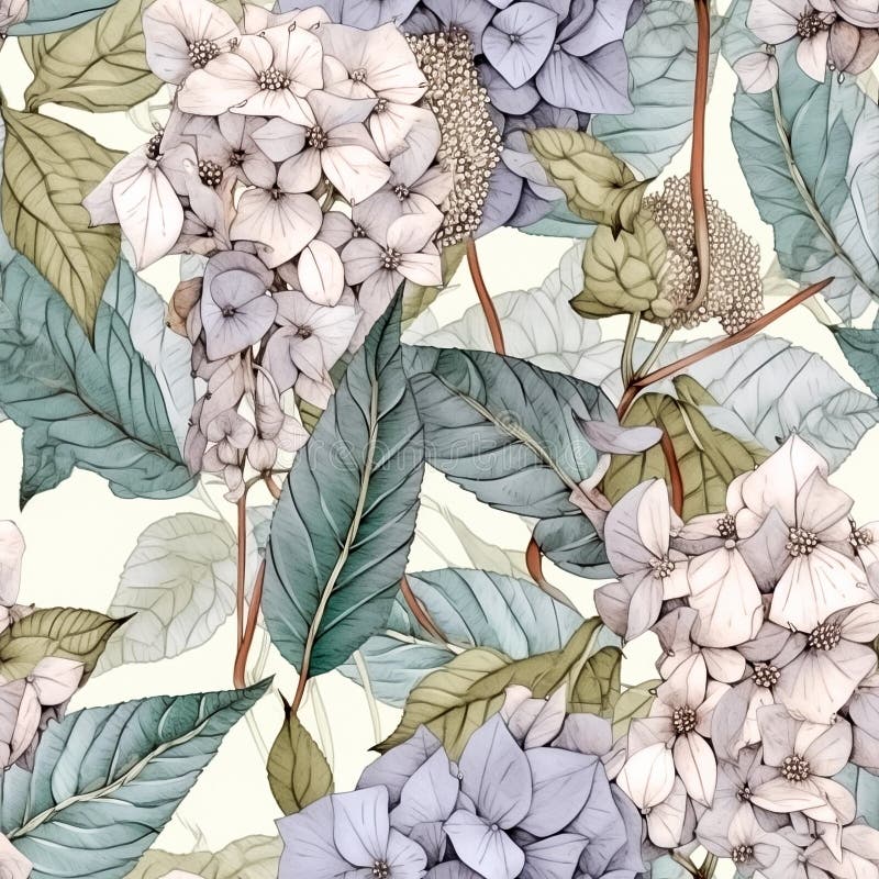 Intricate Seamless Pattern with Hydrangea in Soft Pastel Colors ...