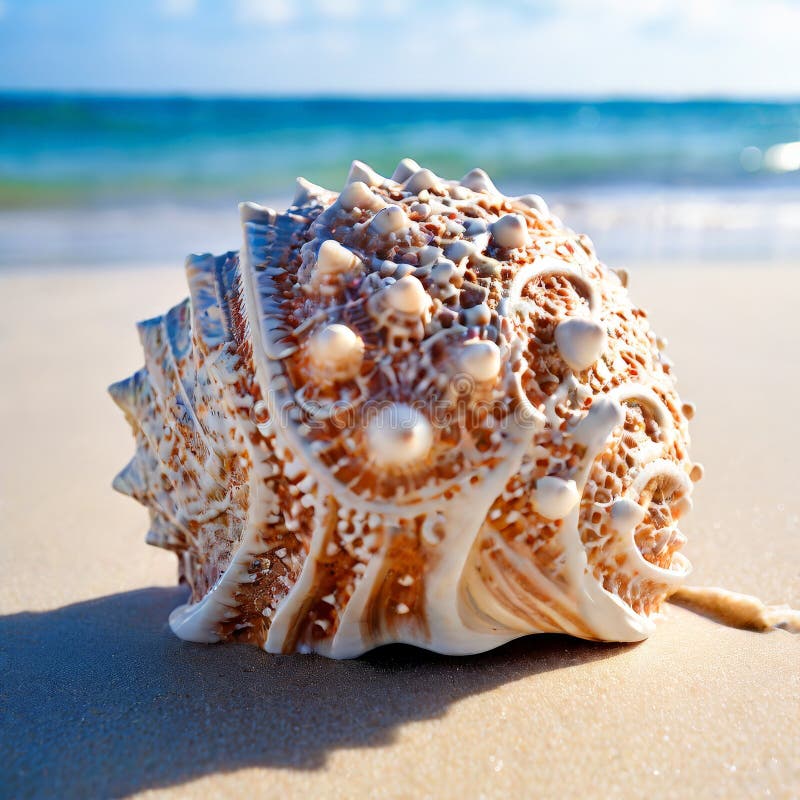 Intricate Seashell on Sandy Beach with Ocean Backdrop Stock Photo ...
