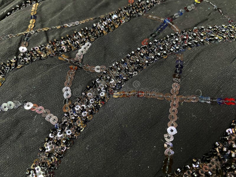 Black Sequence and Beadwork on Black Georgette Fabric Stock Image ...