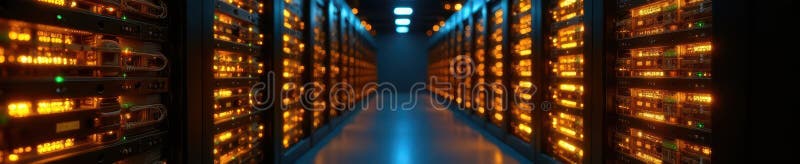 Intricate Server Room, Yellow Fiber Optic Cables Glow , Hardware ...