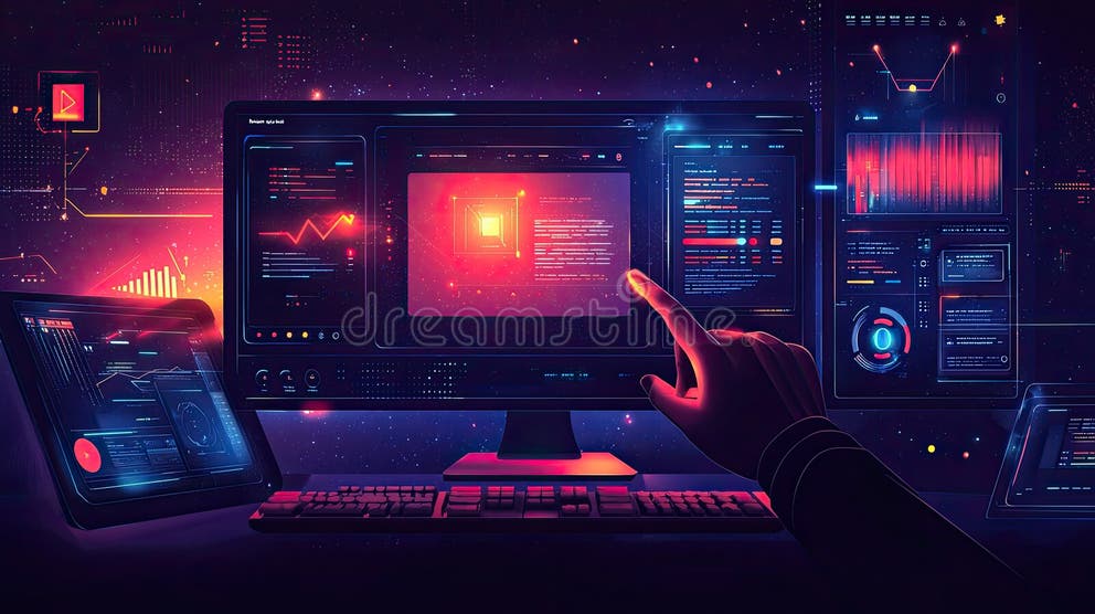 Futuristic Cyberpunk Control Room Interface with Hand Interacting, Data ...